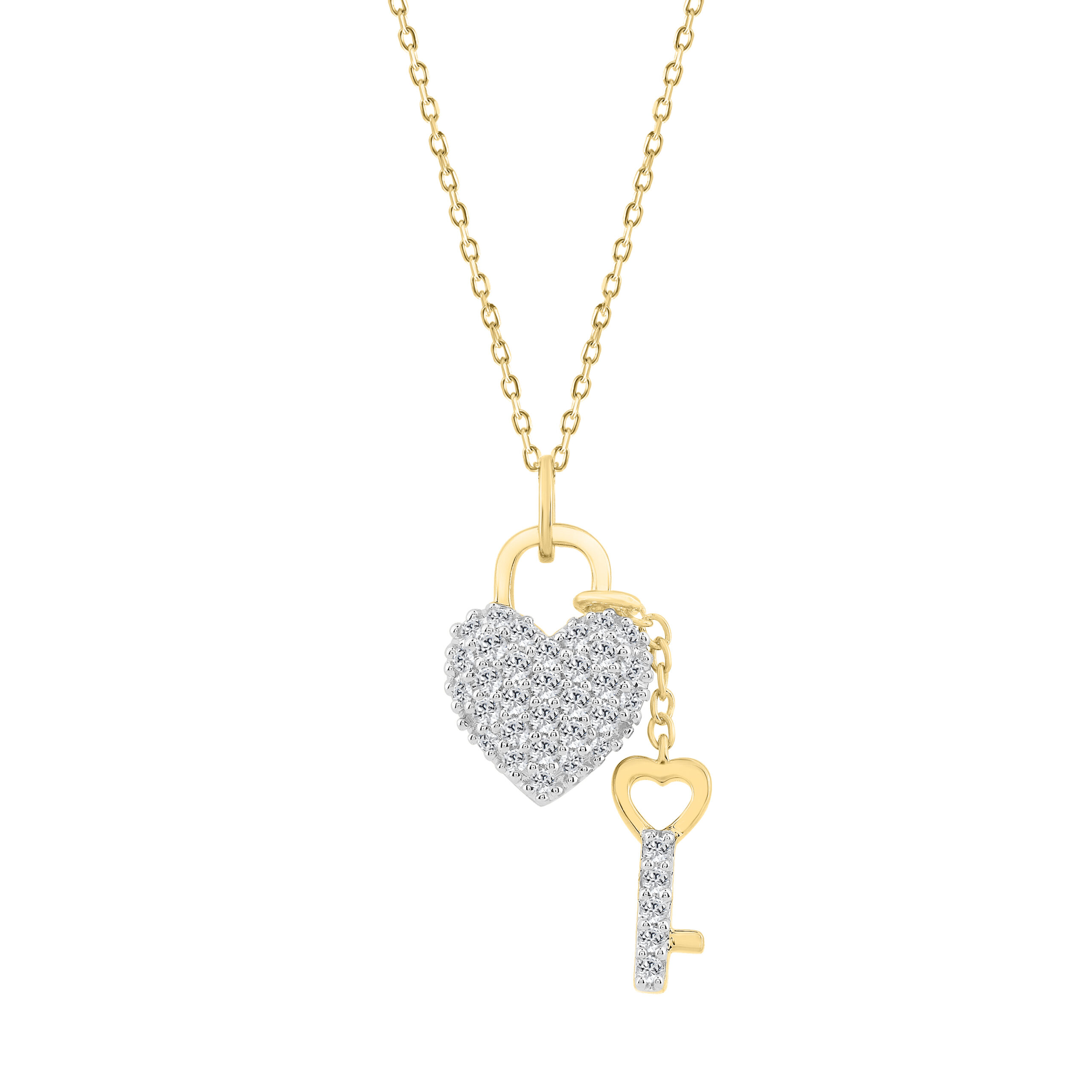 10K YELLOW GOLD LADIES HEART-SHAPED LOCK AND KEY PENDANT FEATURING 0 ...