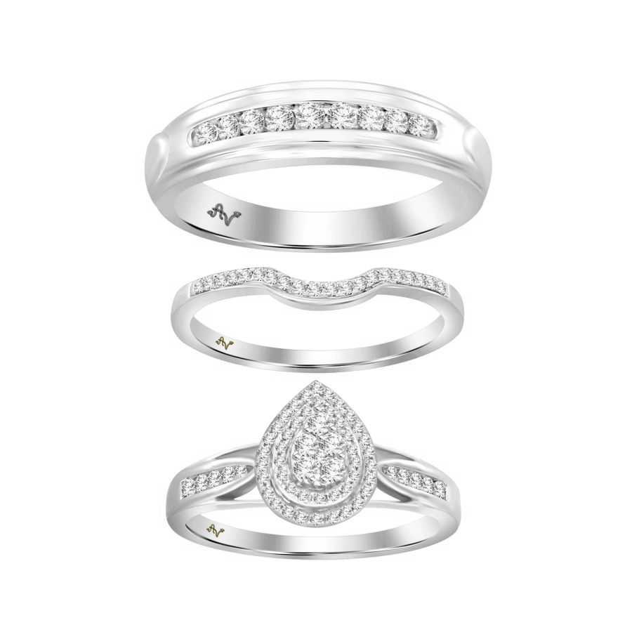Sterling Silver 0.50CT Round Diamond Ladies Trio Bridal Ring Set ...